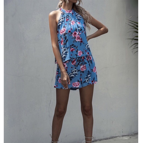 SHEIN | Pants & Jumpsuits | Blue Floral Halter Romper | Poshmark